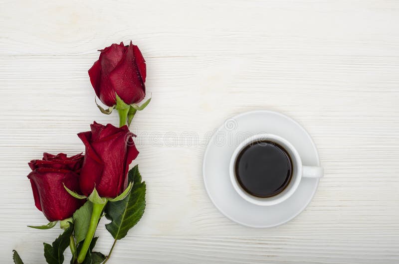 Red Rose and Coffee Cup on Wooden Table Stock Photo - Image of leaf ...