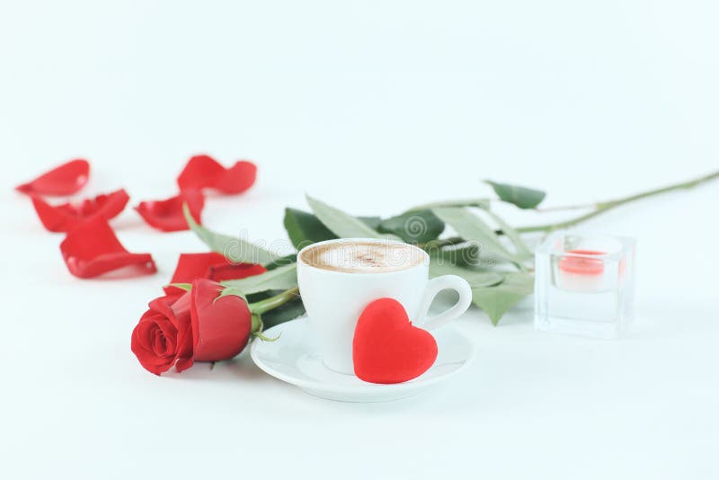 Red Rose,Cup of Coffee and Heart on White Background Stock Image ...
