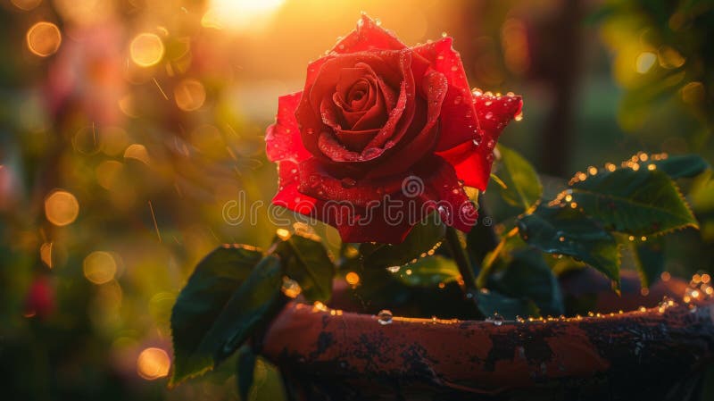 Red Rose with Dew Drops on Petals at Sunrise Stock Image - Image of ...