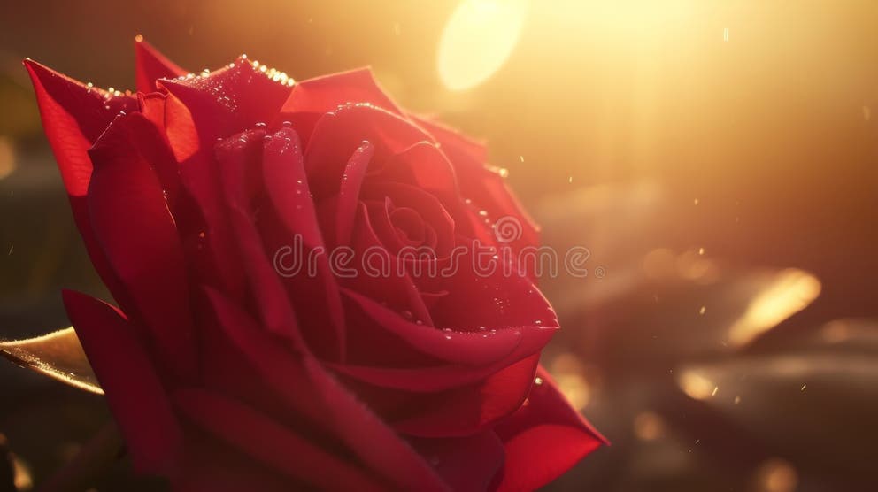 Red Rose with Dew Drops in Sunlight Stock Image - Image of floral ...