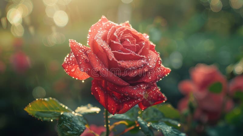Red Rose with Dewdrops in Sunlight. Stock Image - Image of garden ...