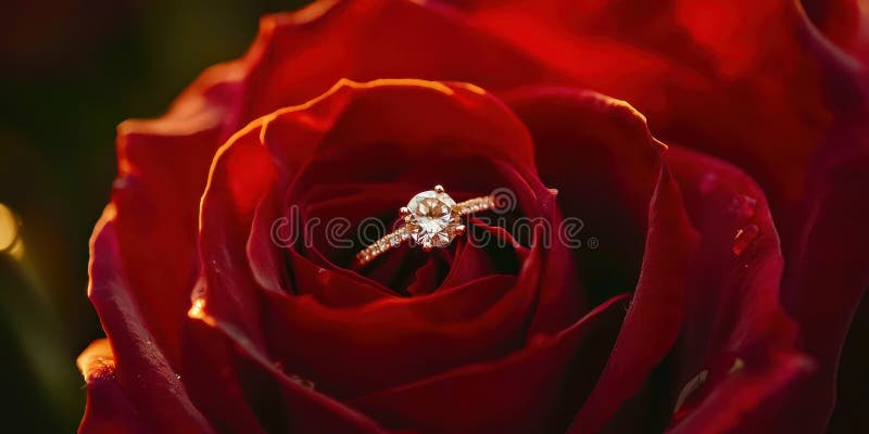 Red Rose with a Diamond Ring in the Center Stock Image - Image of gold ...