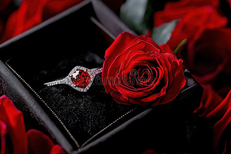 Red Rose and Diamond Wedding Ring in a Box. Generative Ai Stock Photo - Image of marry, holiday ...