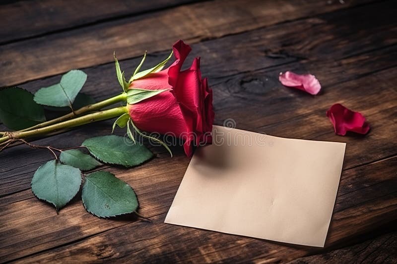 Red Rose and Empty Paper Note on Brown Wooden Table - Generative AI ...