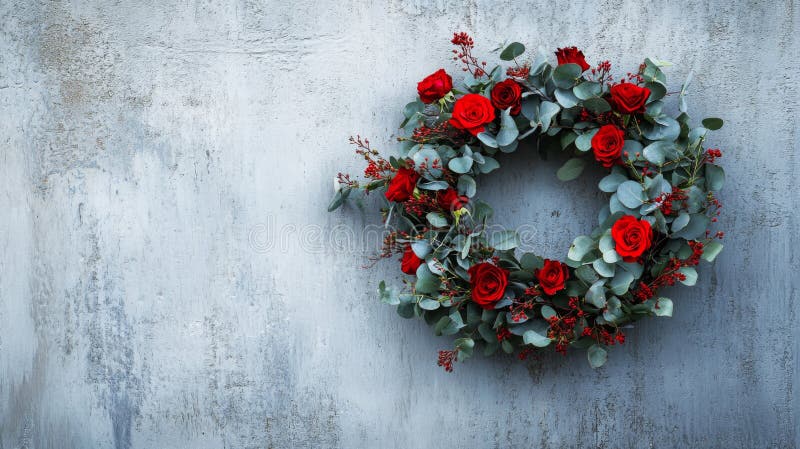 A Red Rose and Eucalyptus Wreath on a Grey Wall Stock Illustration ...