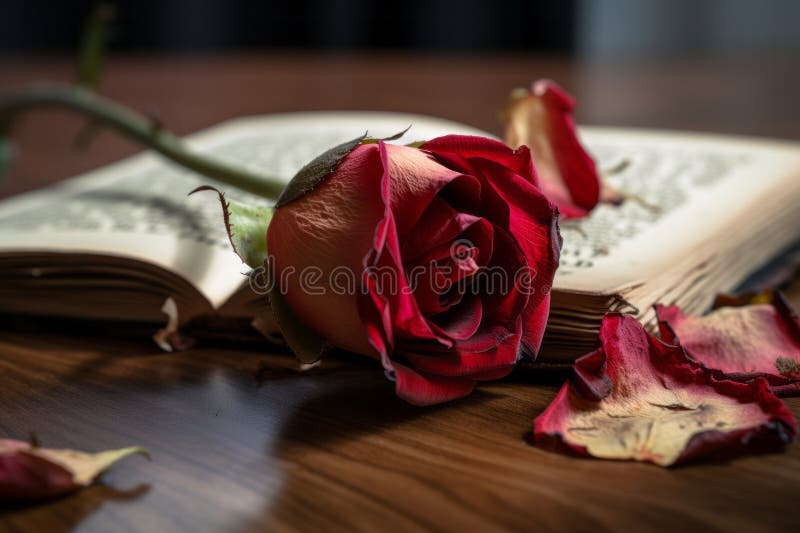 A Red Rose Fallen on an Open Book AI Generated Stock Illustration ...