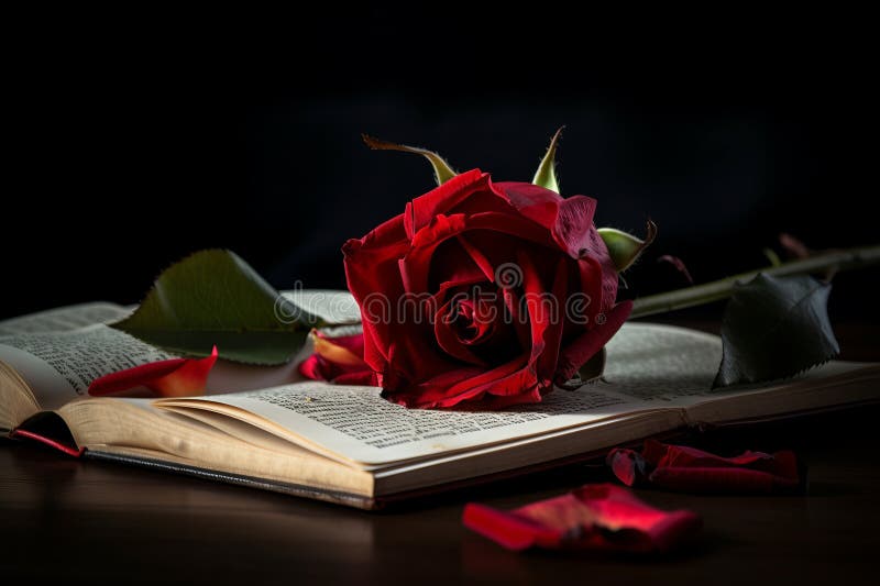 A Red Rose Fallen on an Open Book AI Generated Stock Illustration ...