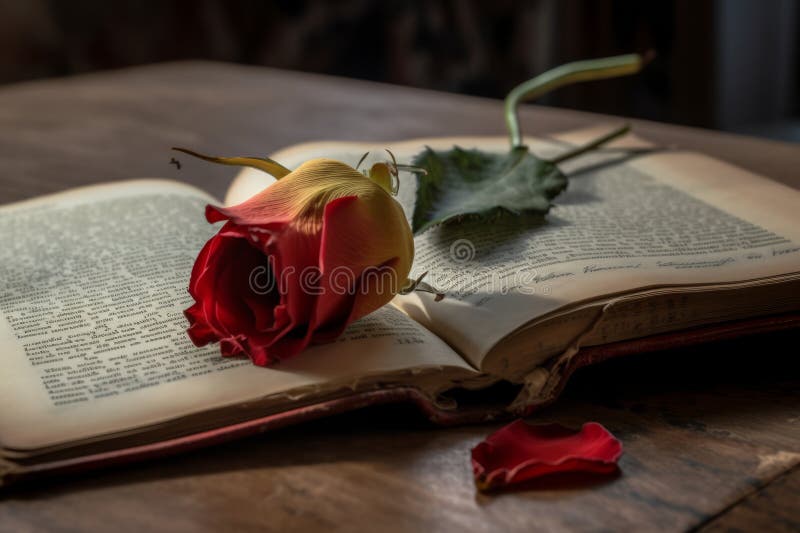 A Red Rose Fallen on an Open Book AI Generated Stock Illustration ...