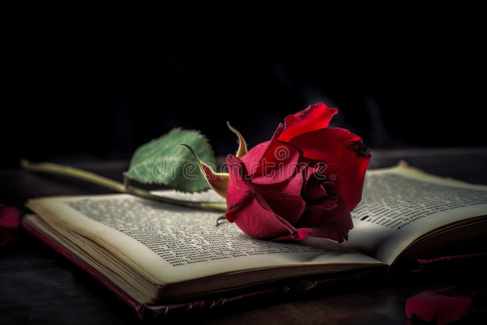 A Red Rose Fallen on an Open Book AI Generated Stock Illustration ...