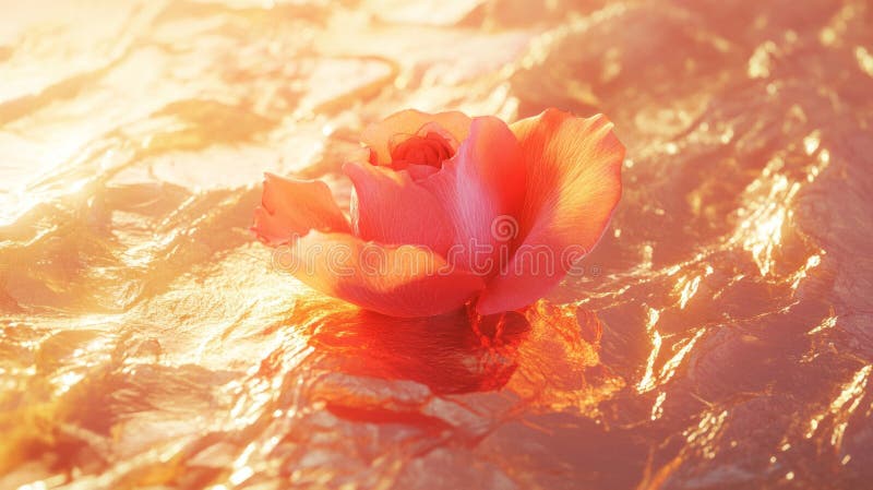 Red Rose Floating on Golden Water at Sunrise Stock Illustration ...