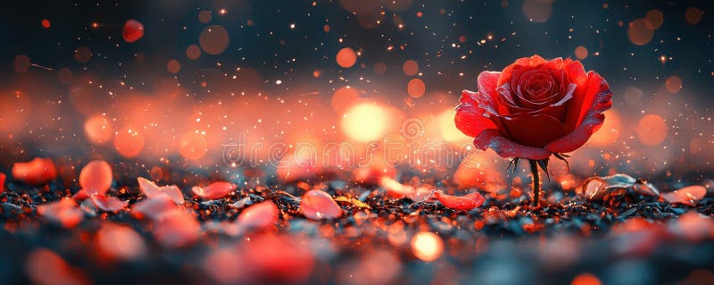 Floating Rose with Scattered Petals in a Soft Glowing Light Stock Image ...