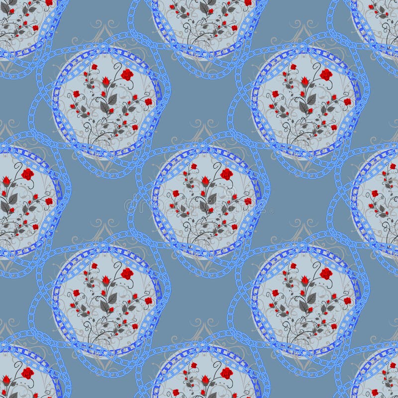 Red Rose Flower Ang Blue Chain Seamless Pattern Stock Illustration ...