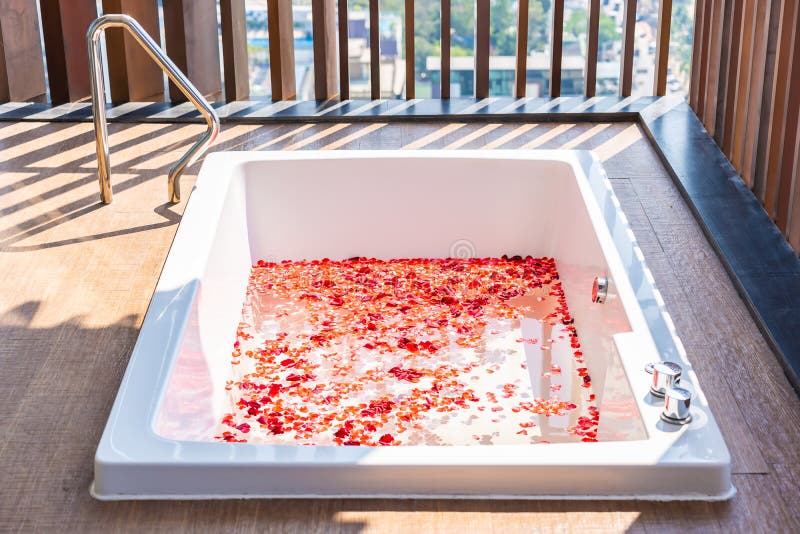 Red Rose Flower on Water in Bathtub Decoration Interior Stock Photo ...