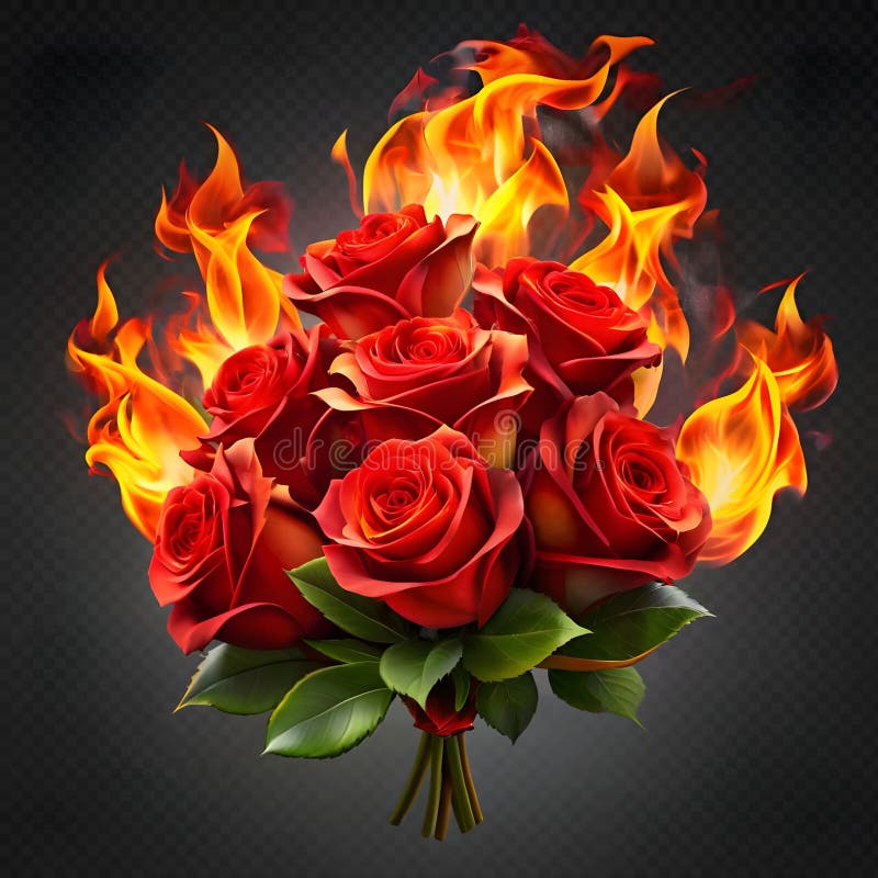 Red Rose Flowers Bouquet Burning with Fire Flames Stock Illustration ...