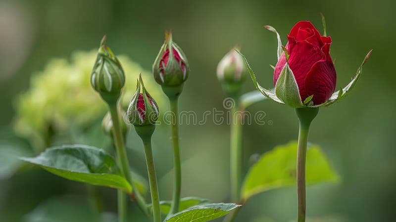 Red Rose in Full Bloom, Contrasting with Delicate. Unopened Buds ...