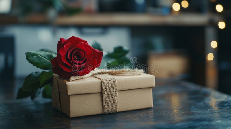 Red Rose and Gift Box on Rustic Table Stock Illustration - Illustration ...