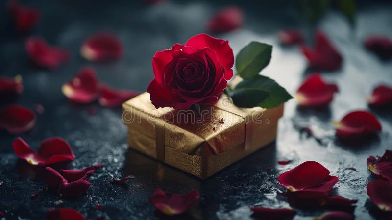 Red Rose on Gold Gift Box with Scattered Petals Stock Illustration ...
