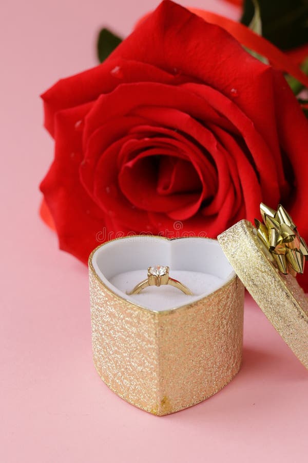 Red Rose with a Gold Ring with a Diamond Stock Image - Image of rose ...