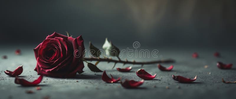 Red Rose on the Ground with Fallen Petals in Moody Setting Stock Photo ...