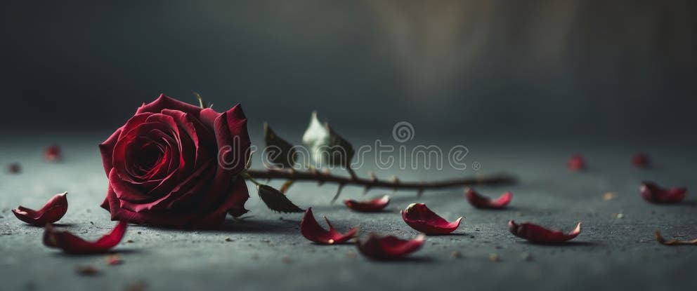 Red Rose on the Ground with Fallen Petals in Moody Setting Stock Photo ...