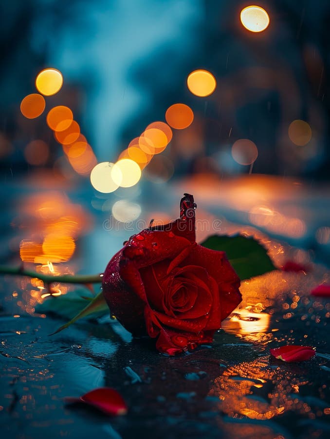 A Red Rose on the Ground in the Rain Stock Image - Image of floor ...