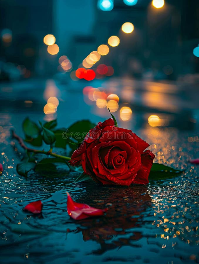 A Red Rose is on the Ground in the Rain Stock Image - Image of night ...