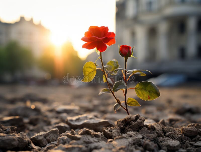 A Red Rose Growing Out of the Ground in Front of a Building Stock ...