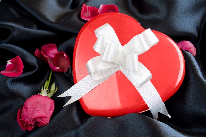 Red Rose and Heart-shaped Gift Box with Ribbon Stock Image - Image of ...