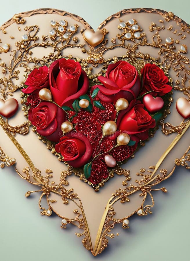 Red rose with heart stock illustration. Illustration of flowers - 299072406