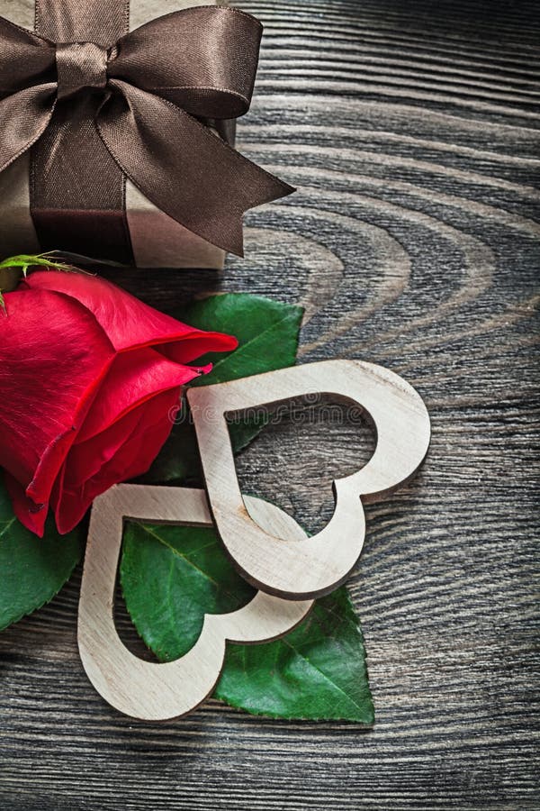 Red Rose Hearts Packed Gift Box on Wooden Board Holidays Concept Stock ...