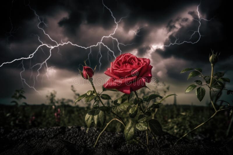 Red Rose in a Hurricane, Surrounded by Storm Clouds and Lightning Stock ...