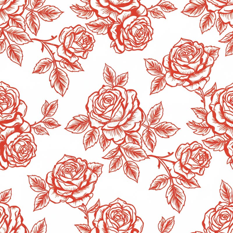 Red Rose Illustrations in a Seamless Pattern on a White Background ...