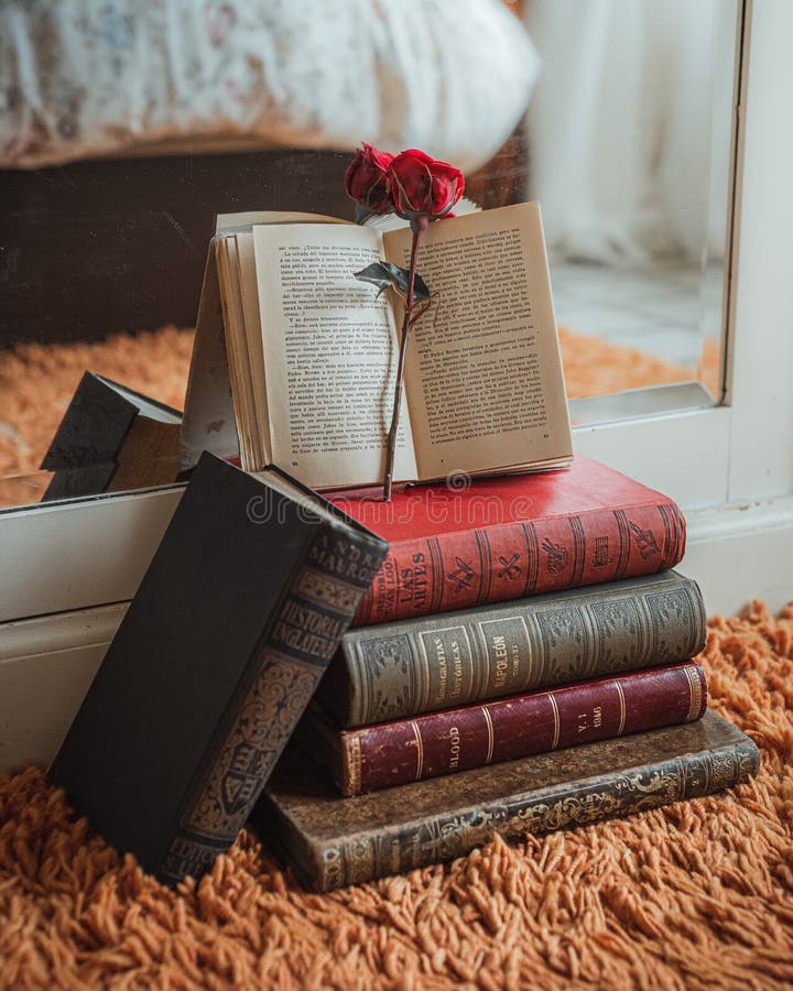 Red Rose Inside an Open Book on Top of a Pile of Books Stock Image ...