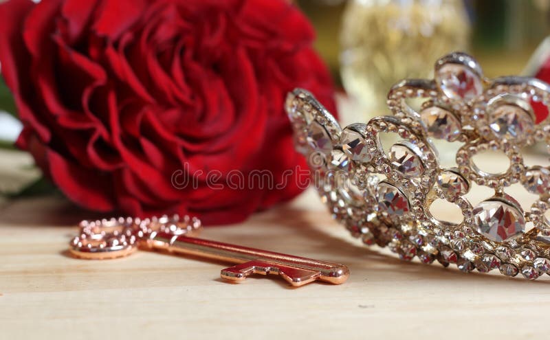 Red Rose with Key and Tiara on Dressing Table with Shallow DOF Stock ...