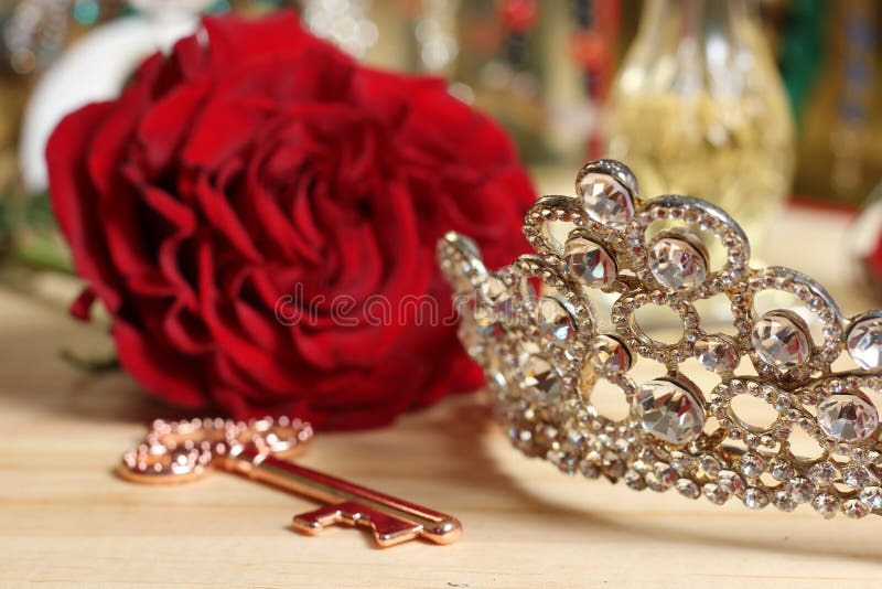 Red Rose with Key and Tiara on Dressing Table with Shallow DOF Stock ...