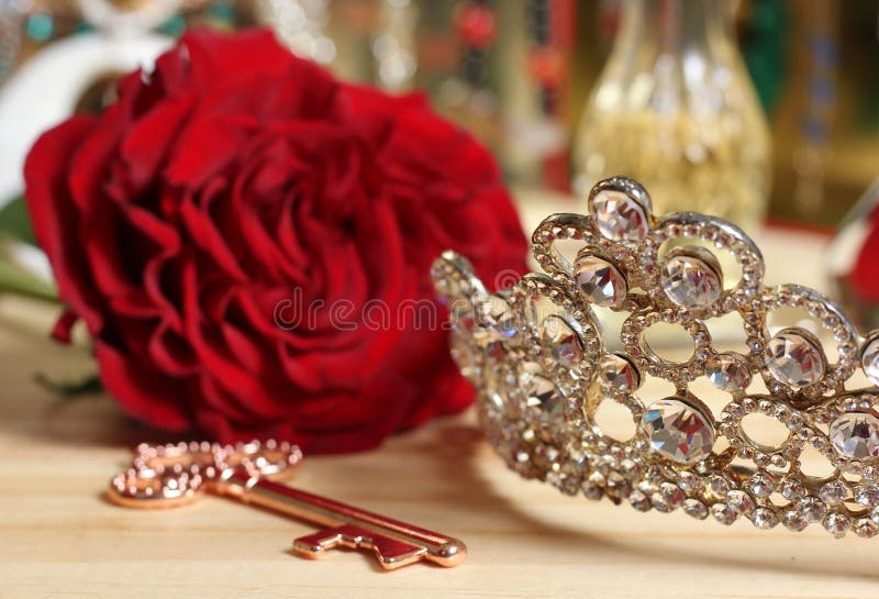 Red Rose with Key and Tiara on Dressing Table with Shallow DOF Stock ...