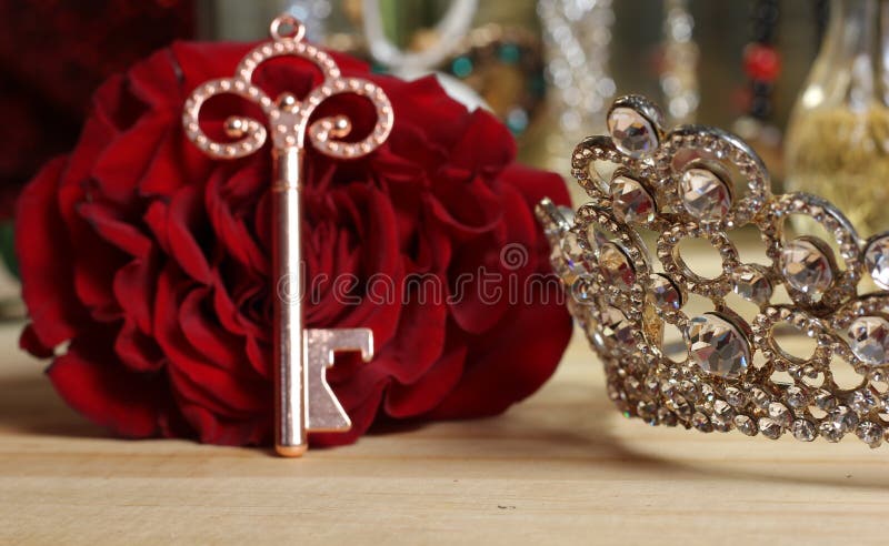 Red Rose with Key and Tiara on Dressing Table with Shallow DOF Stock ...