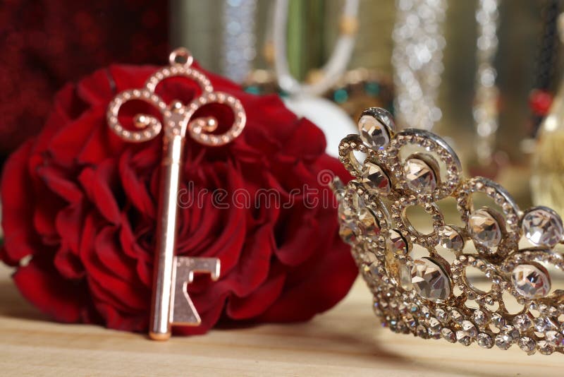 Red Rose with Key and Tiara on Dressing Table with Shallow DOF Stock ...