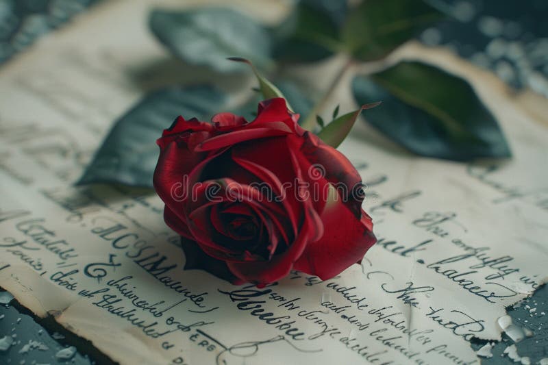 Red Rose Laying Over the Vintage Letters. Generative Ai Stock Image ...