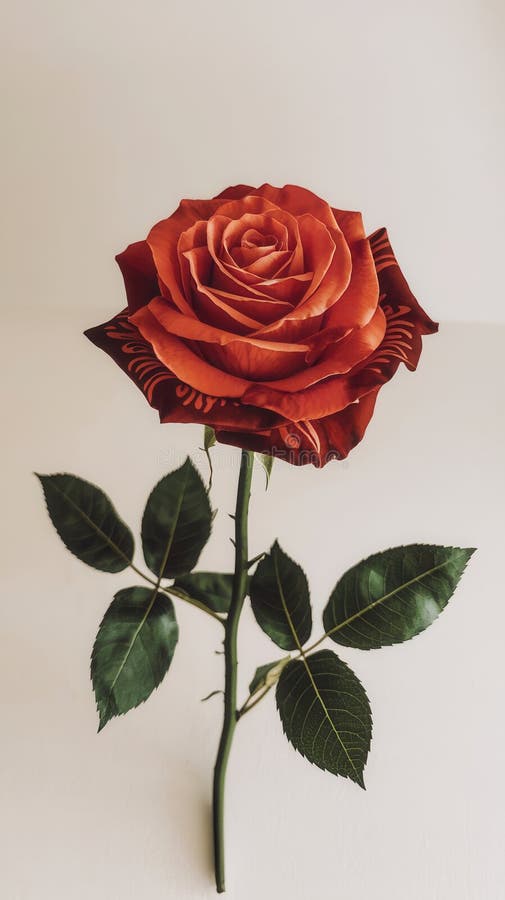 Red Rose with Leaves, Placed Against Striped Gradient Background Stock ...