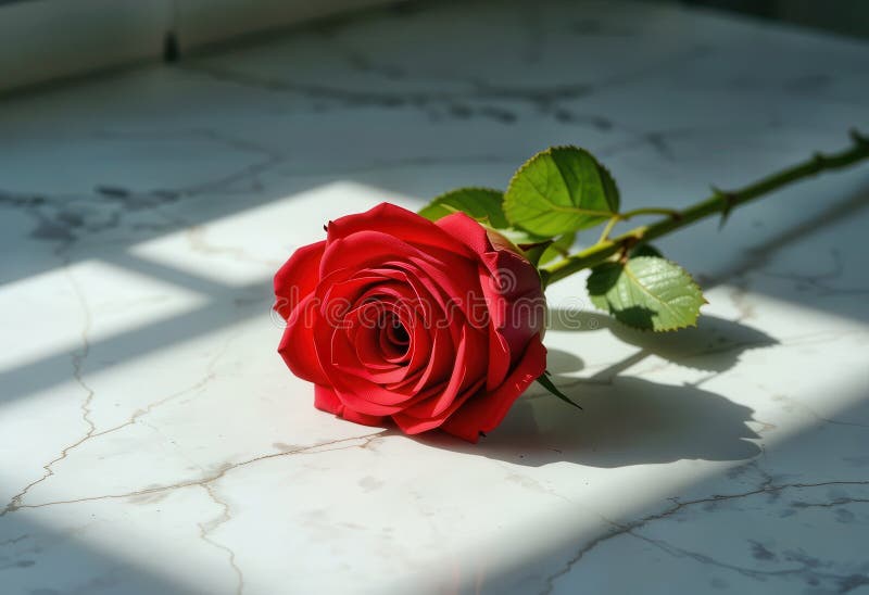 Red Rose Lying on a Marble Surface with Soft Shadows and Natural Light ...