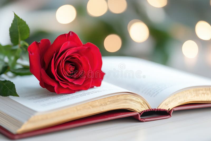 Red Rose on Open Book with Soft Focus Bokeh Lights in Background Stock ...