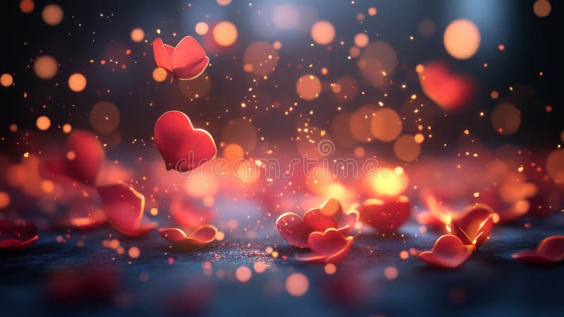 Red Rose Petals Falling on Dark Background with Warm Lighting Stock ...