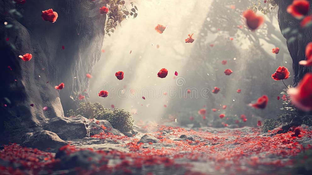 Red Rose Petals Falling in a Sunlit Forest Path Stock Illustration ...