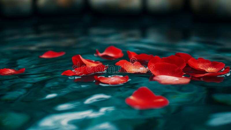 Red Rose Petals Float Gently on Dark Teal Water Stock Illustration ...