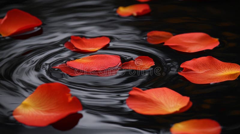 Red Rose Petals Floating on Black Water with Ripples Stock Illustration ...