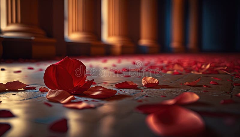 A Red Rose Petals on the Floor of a Room with Columns Stock ...
