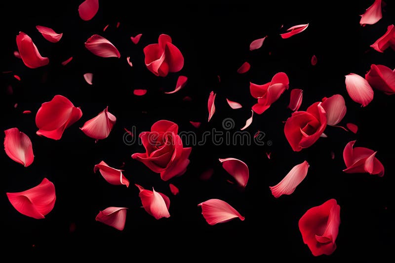 Red Rose Petals Flying and Falling from Above Against a Black ...