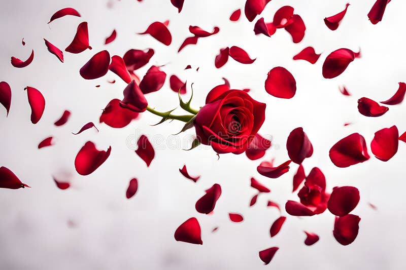 Red Rose Petals Flying and Falling from Above Against a White ...
