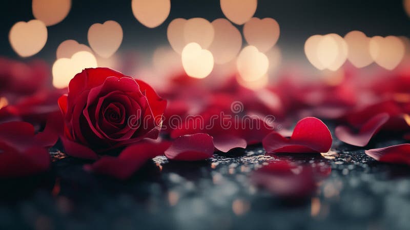 Red Rose and Petals with Romantic Bokeh Heart Lights Stock Illustration ...